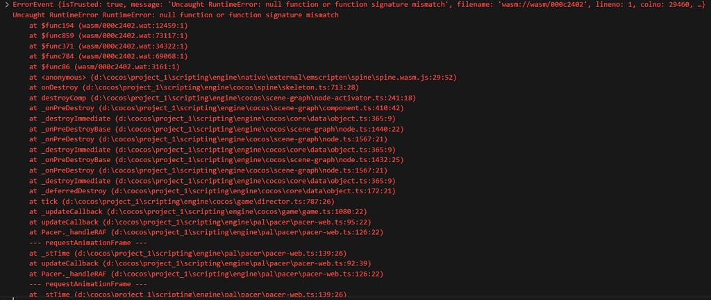 3.8.5报错：null function or function signature mismatch / table index is out of bounds - Creator 3 ...