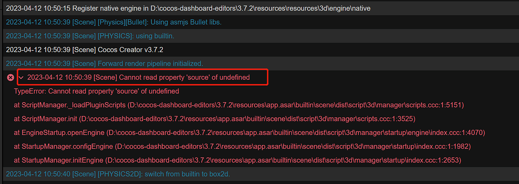 编辑器打开引擎启动这里就报错了？Cannot read property 'source' of undefined - Creator 3.x - Cocos中文社区