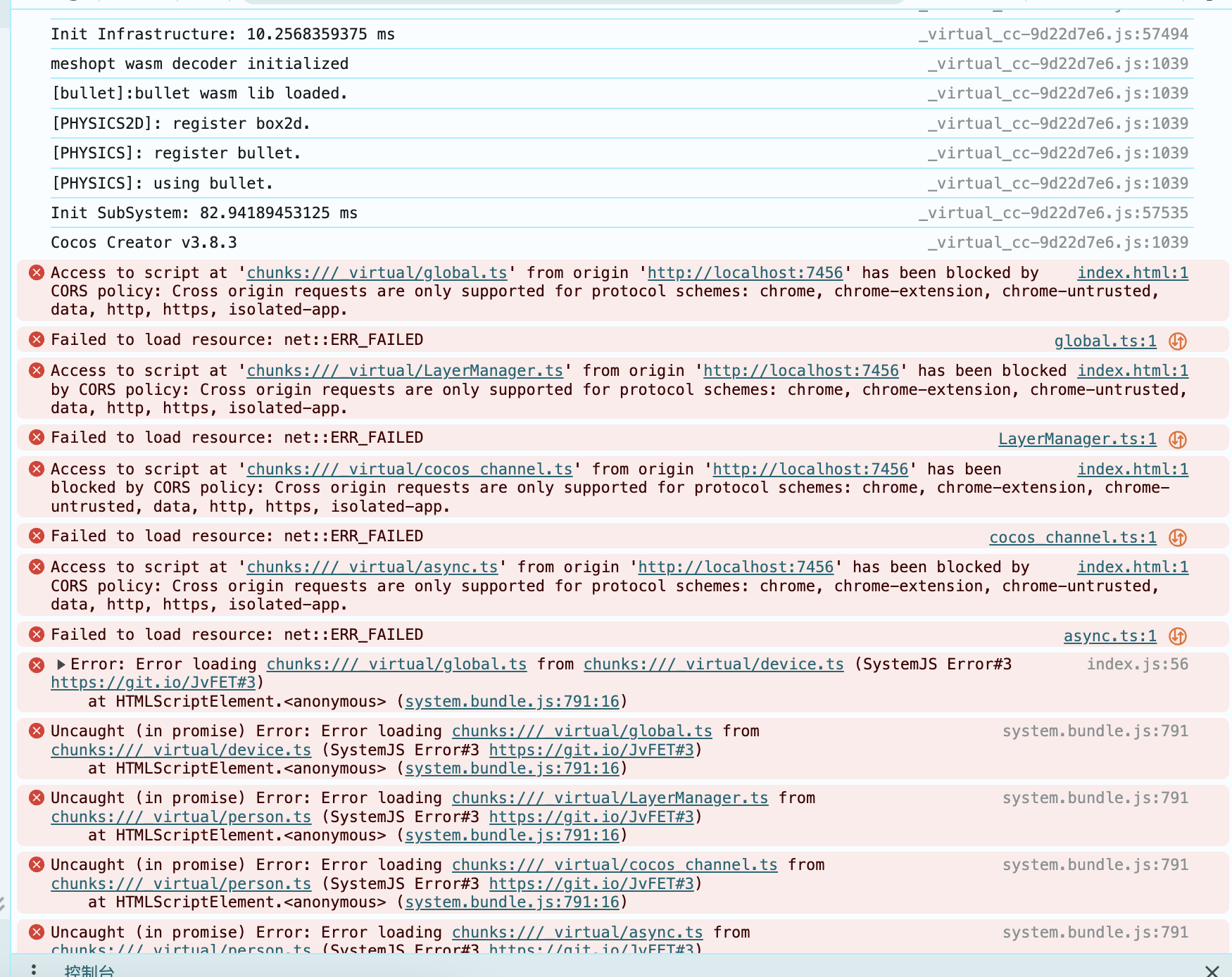 Access to script at 'chunks:///_virtual/global.ts' from origin 'http://localhost:7456' has been ...