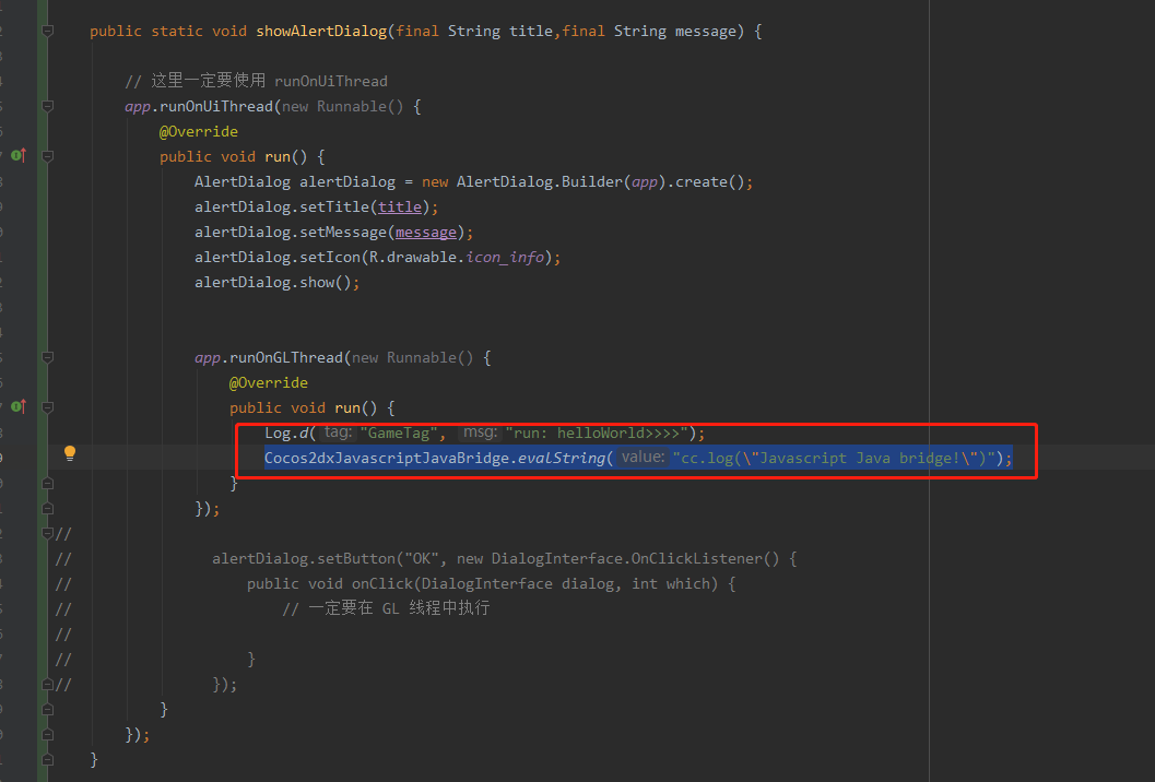 Cocos2dxJavascriptJavaBridge.evalString("cc.log(\"Javascript Java bridge!\")"); - Creator 2.x ...